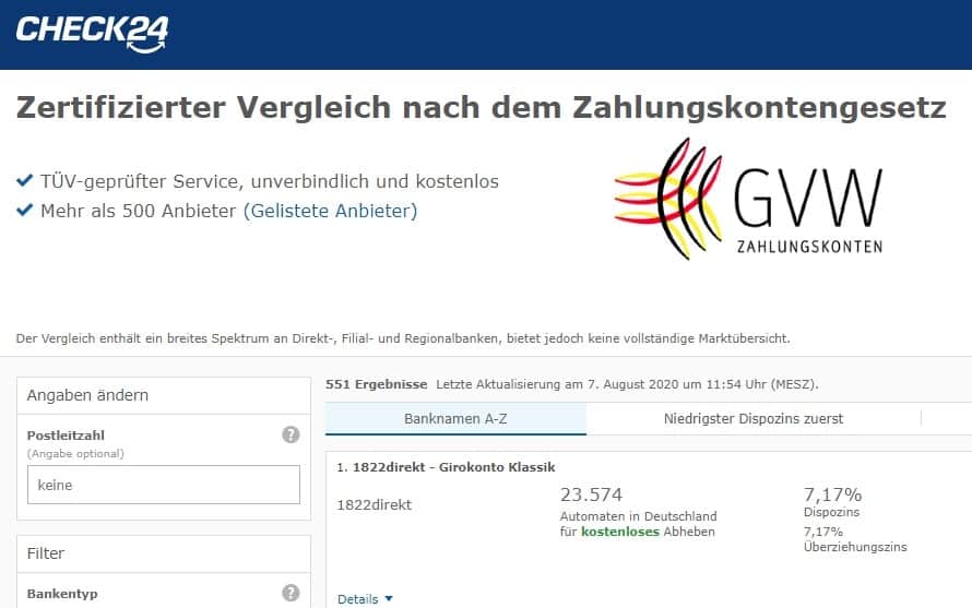 Check24 startet erstes Vergleichsportal nach Zahlungskontengesetz